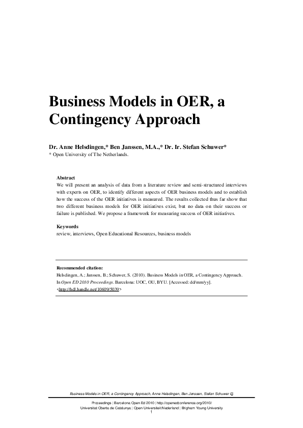 (PDF) Business models in OER: A contingency approach