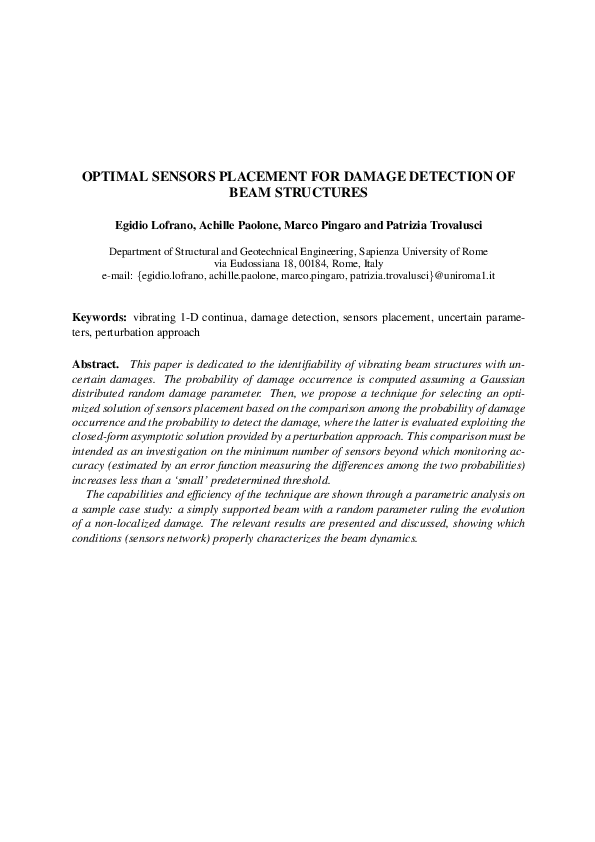 (PDF) Optimal Sensors Placement for Damage Detection of Beam Structures