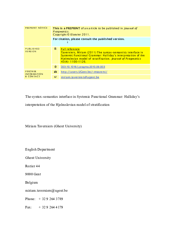 Pdf The Syntaxsemantics Interface In Systemic Functional Grammar Hallidays Interpretation