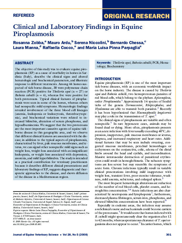 (PDF) Clinical and Laboratory Findings in Equine Piroplasmosis