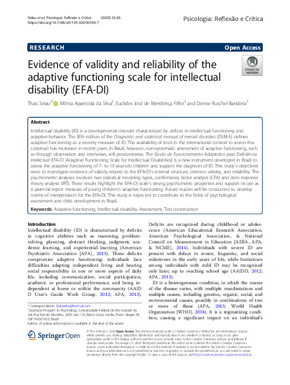 (PDF) Evidence of validity and reliability of the adaptive functioning scale for intellectual ...