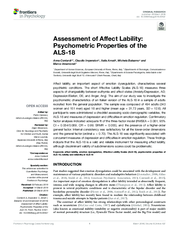 (PDF) Assessment of Affect Lability: Psychometric Properties of the ALS-18