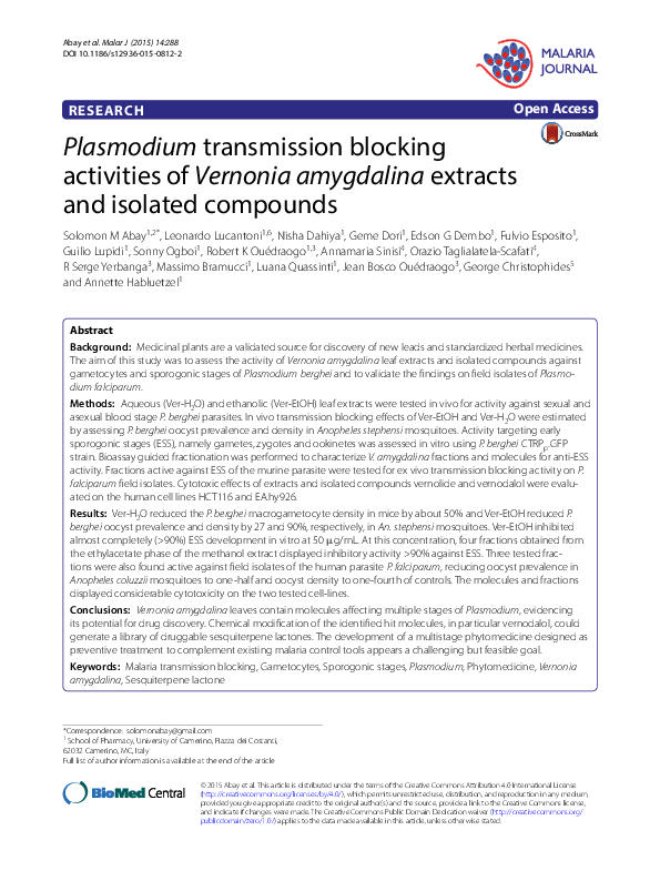 (PDF) Plasmodium transmission blocking activities of Vernonia ...