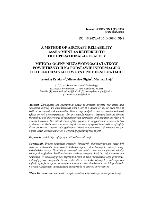 (PDF) A Method of Aircraft Reliability Assessment as Referred to the ...