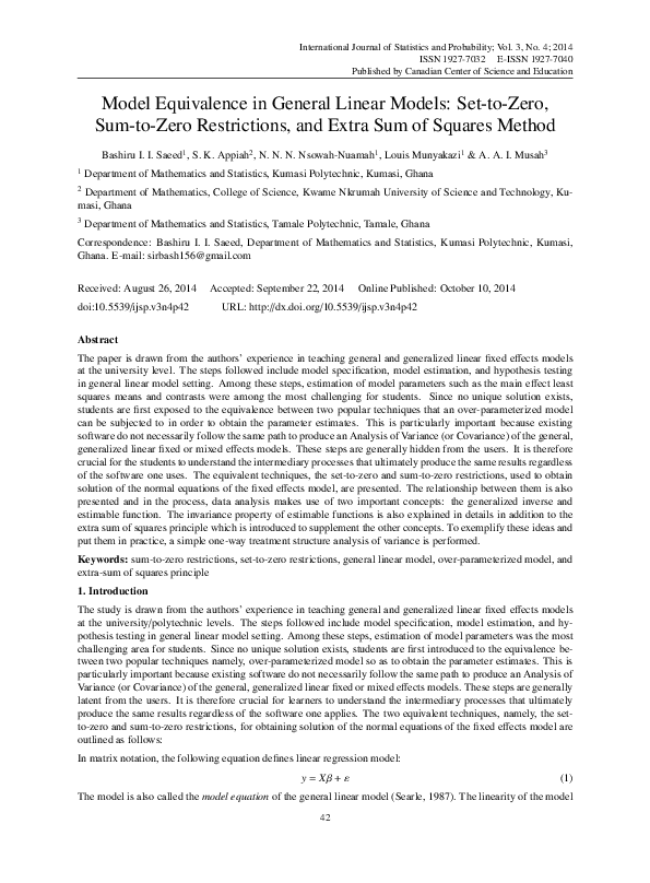 (PDF) Model Equivalence in General Linear Models: Set-to-Zero, Sum-to ...