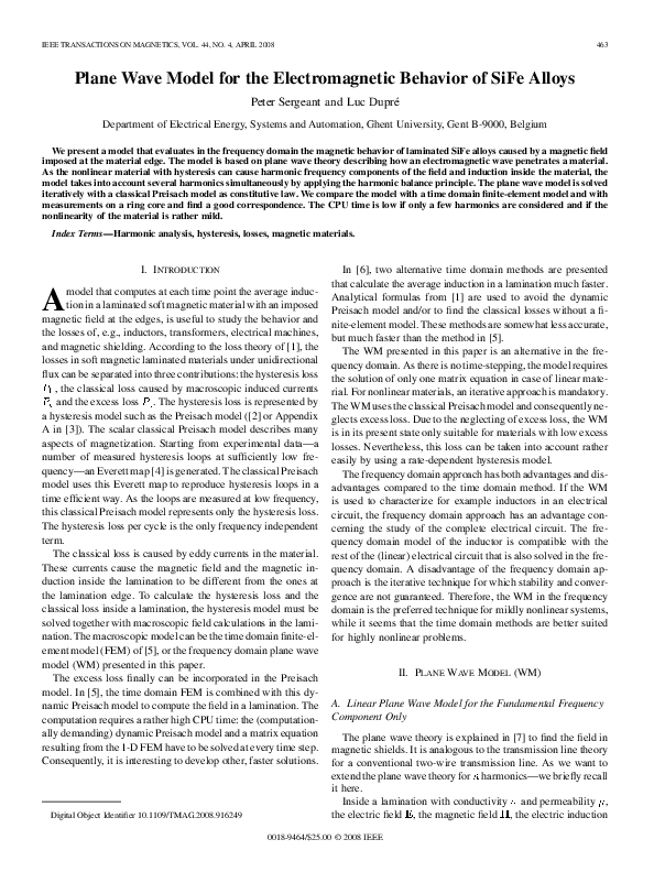 (PDF) Plane Wave Model for the Electromagnetic Behavior of SiFe Alloys ...