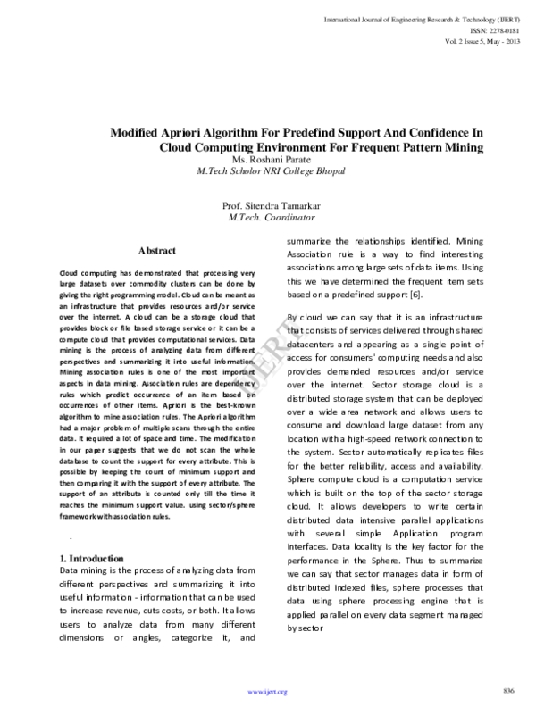 (PDF) Modified Apriori Algorithm For Predefind Support And Confidence In Cloud Computing ...