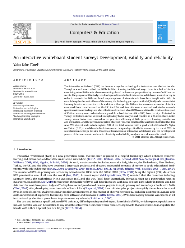 (PDF) An interactive whiteboard student survey: Development, validity ...