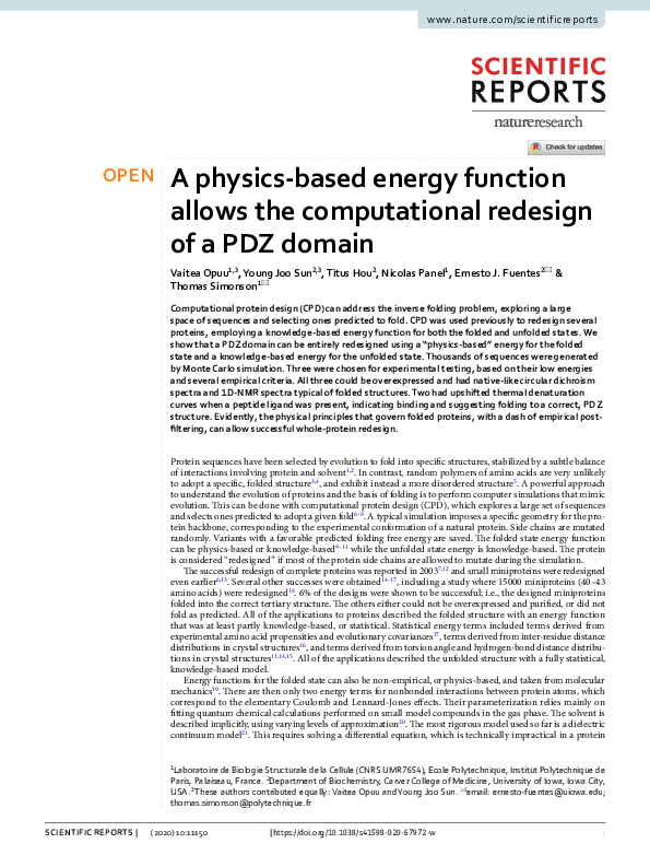 Pdf A Physics Based Energy Function Allows The Computational Redesign Of A Pdz Domain