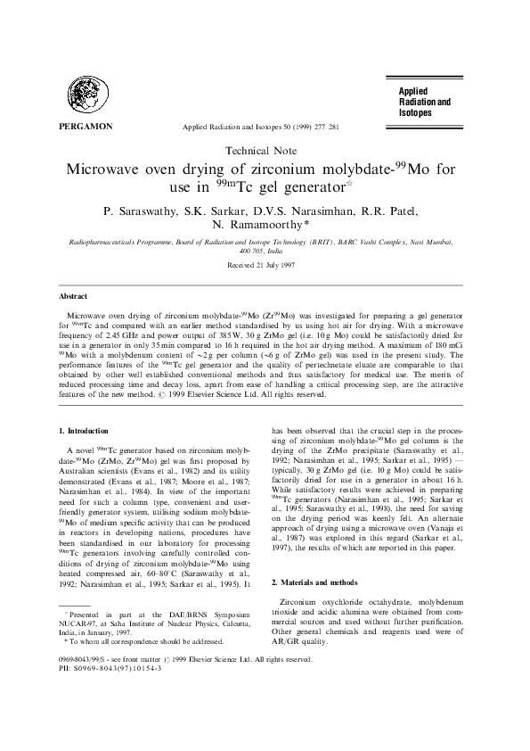 Pdf Microwave Oven Drying Of Zirconium Molybdate 99mo For Use In 99mtc Gel Generator