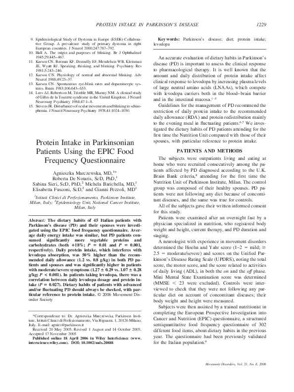 (PDF) Protein intake in Parkinsonian patients using the EPIC food ...