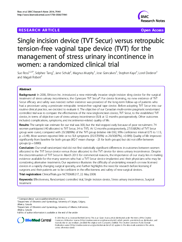 (PDF) Single incision device (TVT Secur) versus retropubic tension-free ...