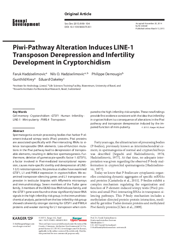 (PDF) Piwi-Pathway Alteration Induces LINE-1 Transposon Derepression and Infertility Development ...