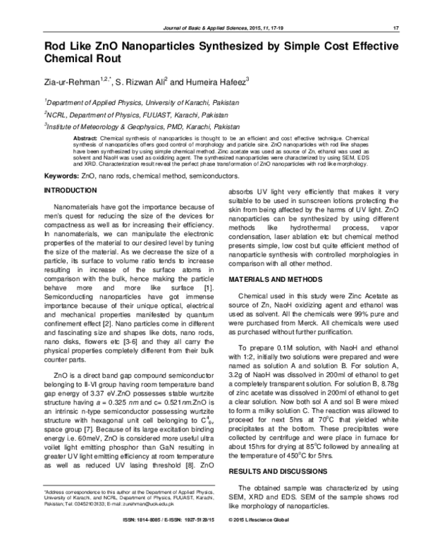(PDF) Rod Like ZnO Nanoparticles Synthesized by Simple Cost Effective ...