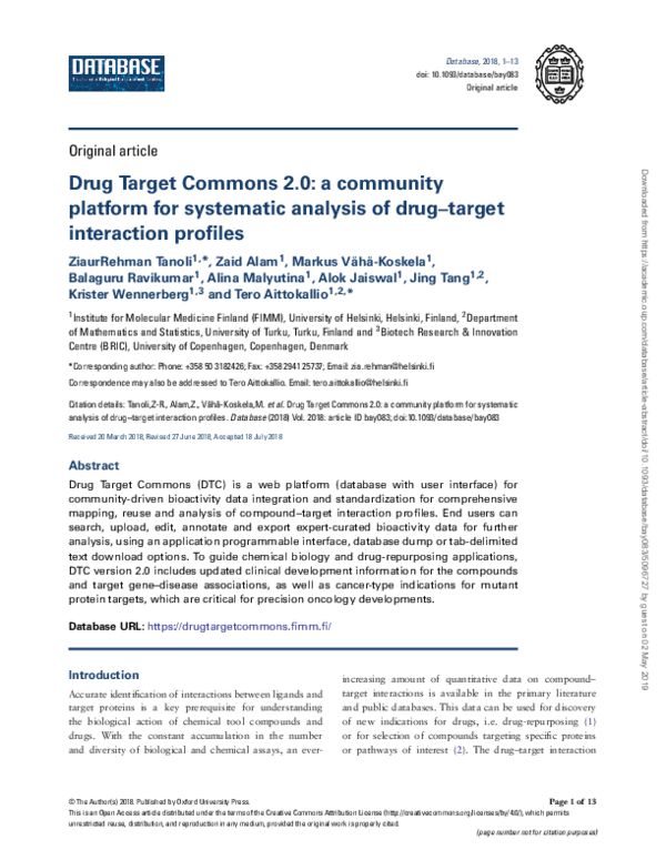 (PDF) Drug Target Commons 2.0: a community platform for systematic ...