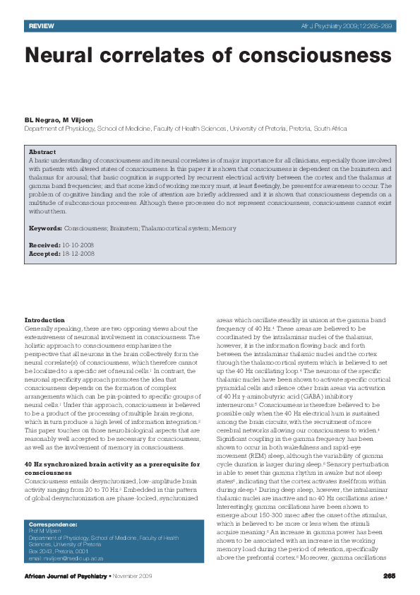 (PDF) The neural correlates of consciousness