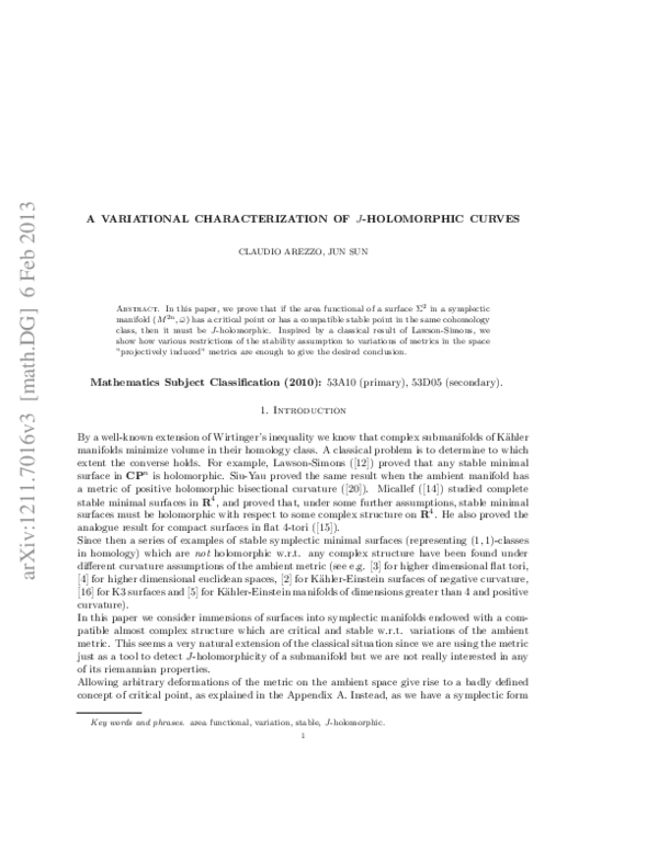 (PDF) A variational characterization of J-holomorphic curves