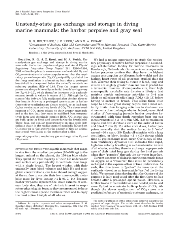 (PDF) Unsteady-state gas exchange and storage in diving marine mammals ...