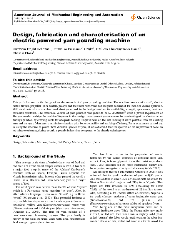 (PDF) Design, Fabrication and Characterisation of an Electric Powered Yam Pounding Machine