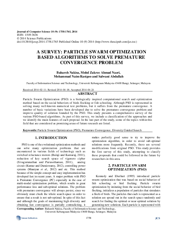 Pdf A Survey Particle Swarm Optimization Based Algorithms To Solve