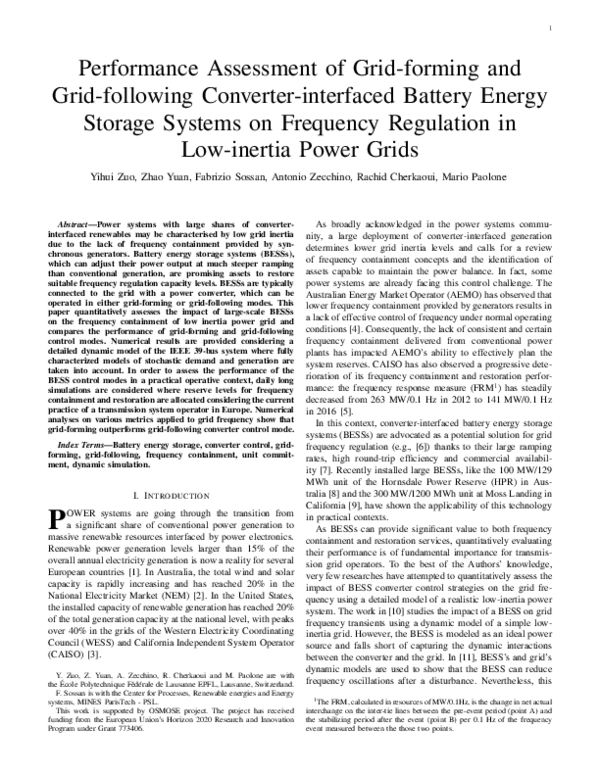 (PDF) Performance Assessment of Grid-forming and Grid-following Converter-interfaced Battery ...