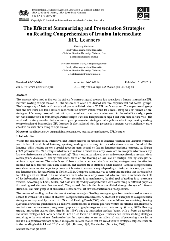 Pdf The Effect Of Summarizing And Presentation Strategies On Reading Comprehension Of Iranian