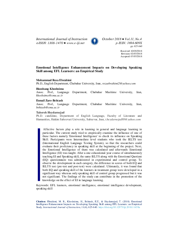 (PDF) Emotional Intelligence Enhancement Impacts on Developing Speaking Skill among EFL Learners ...