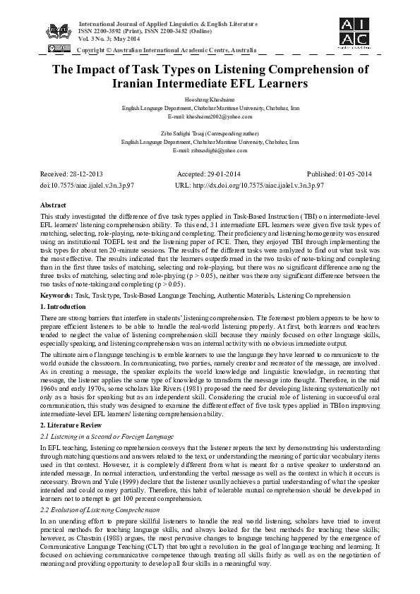 (PDF) The Impact of Task Types on Listening Comprehension of Iranian Intermediate EFL Learners