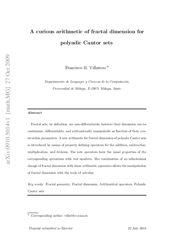 Pdf A Curious Arithmetic Of Fractal Dimension For Polyadic Cantor Sets