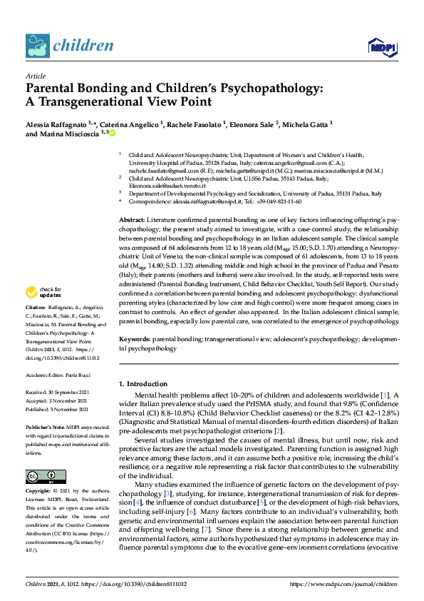 (PDF) Parental Bonding and Children’s Psychopathology: A ...