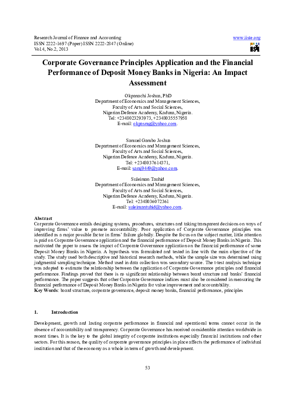 (PDF) Corporate Governance Principles Application and the Financial Performance of Deposit Money ...