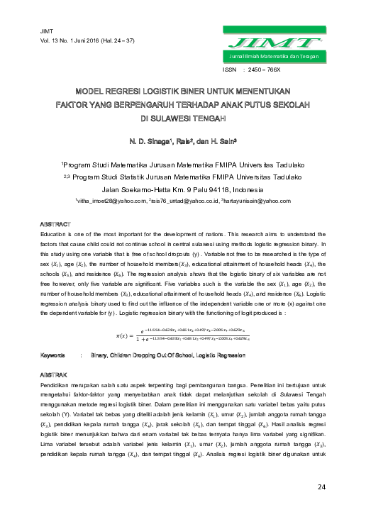 (PDF) Model Regresi Logistik Biner Untuk Menentukan Faktor Yang Berpengaruh Terhadap Anak Putus ...