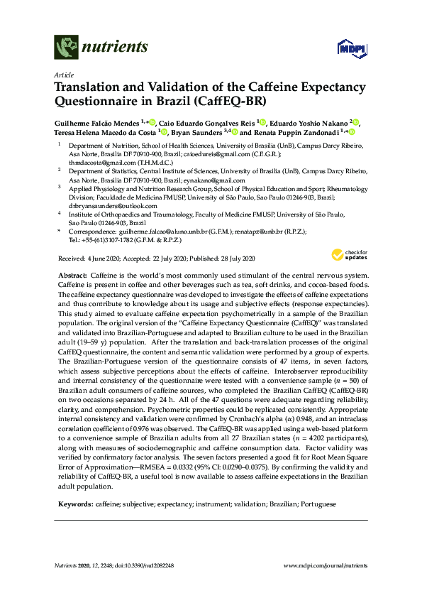 Pdf Translation And Validation Of The Caffeine Expectancy Questionnaire In Brazil Caffeq Br