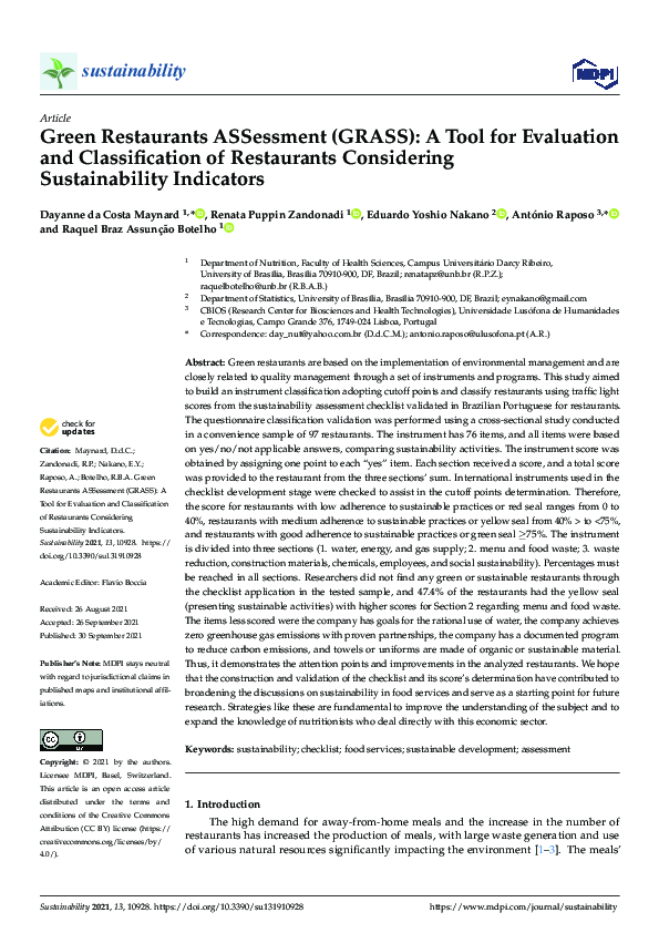 (PDF) Green Restaurants ASSessment (GRASS): A Tool for Evaluation and ...