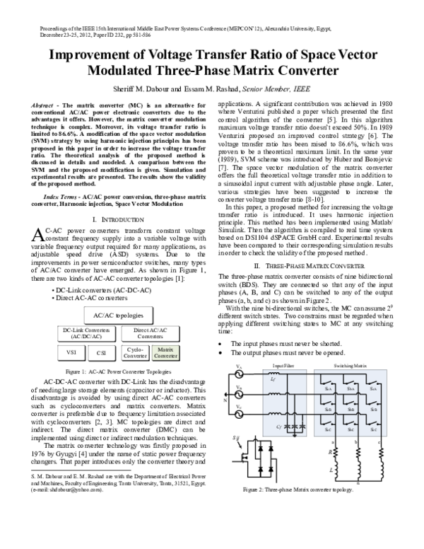 Improvement of Voltage Transfer Ratio of Space Vector Modulated Three-Phase Matrix Converter