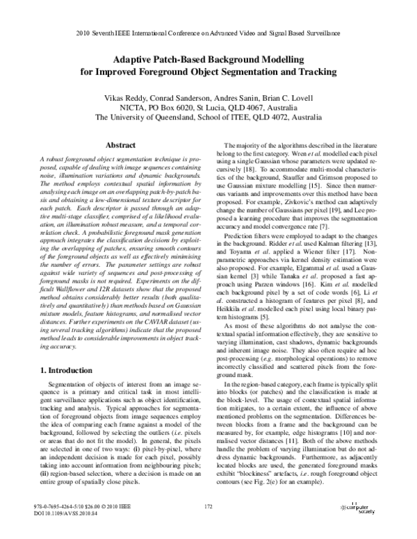 Pdf Adaptive Patch Based Background Modelling For Improved Foreground Object Segmentation And