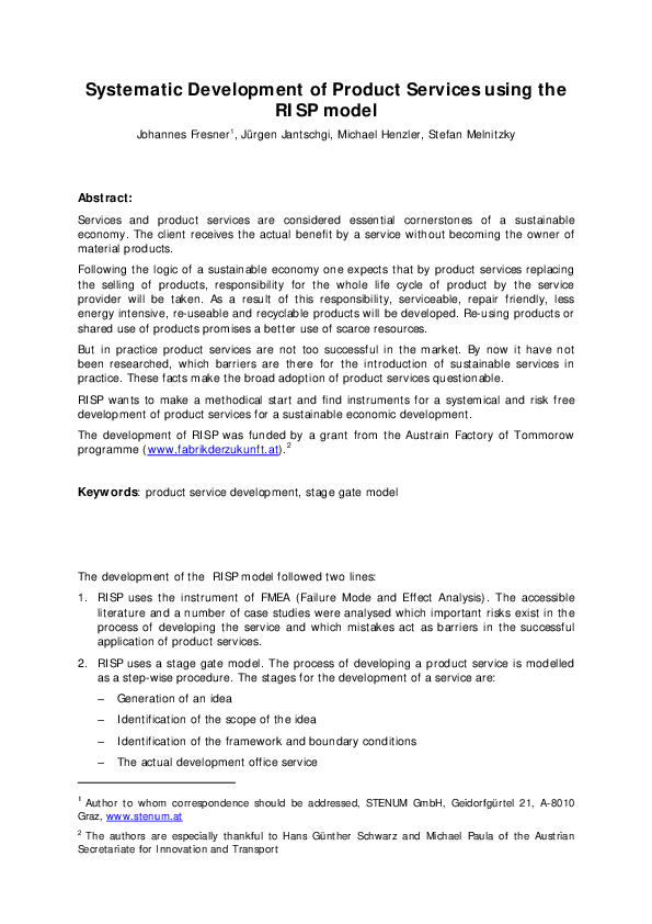 (PDF) Systematic Development of Product Services using the RISP model