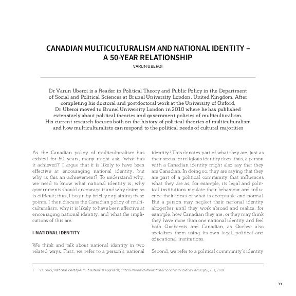 (PDF) Canadian Multiculturalism and National Identity- A 50 Year ...