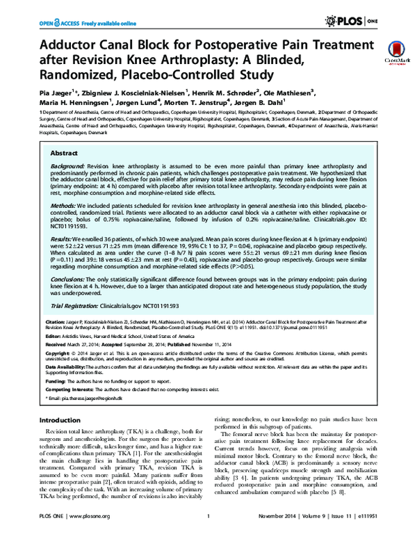 (PDF) Adductor Canal Block for Postoperative Pain Treatment after ...