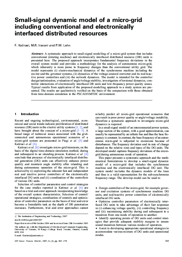 (PDF) Small-signal dynamic model of a micro-grid including conventional and electronically ...