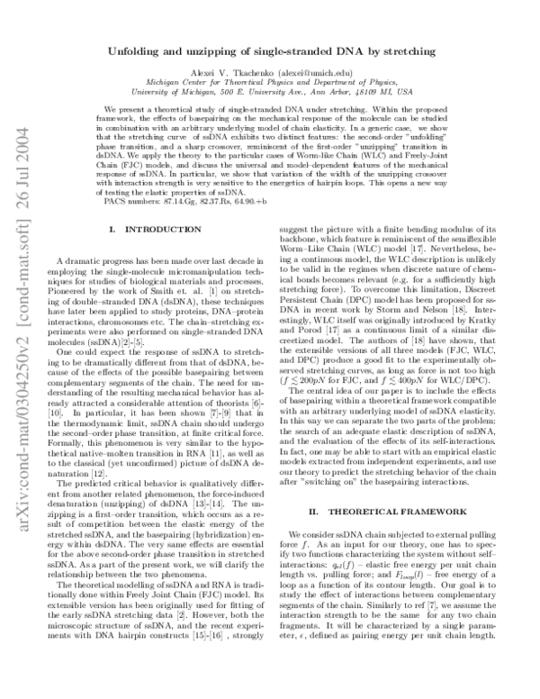 (PDF) Unfolding and unzipping of single-stranded DNA by stretching