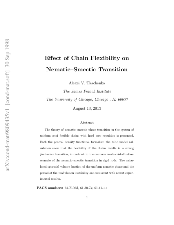 (PDF) Effect of chain flexibility on the nematic-smectic transition | Alexei Tkachenko ...