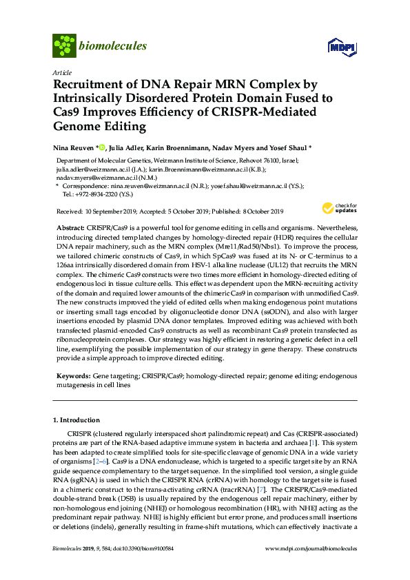 (PDF) Recruitment of DNA Repair MRN Complex by Intrinsically Disordered ...