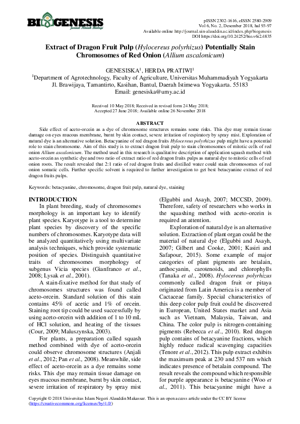 (PDF) Extract of Dragon Fruit Pulp (Hylocereus polyrhizus) Potentially Stain Chromosomes of Red ...