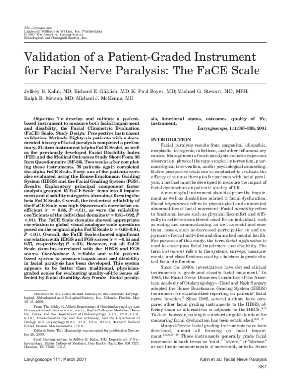 (PDF) Validation of a Patient-Graded Instrument for Facial Nerve ...