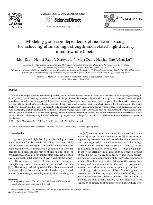 (PDF) Modeling grain size dependent optimal twin spacing for achieving ...