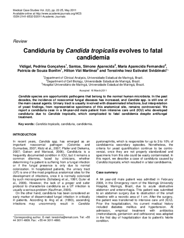 (PDF) Candiduria by Candida tropicalis evolves to fatal candidemia