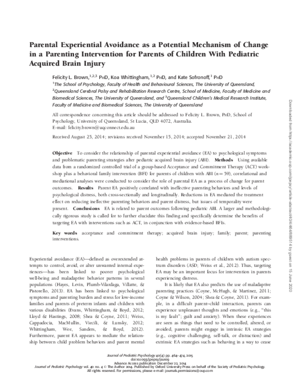 (PDF) Parental Experiential Avoidance as a Potential Mechanism of ...