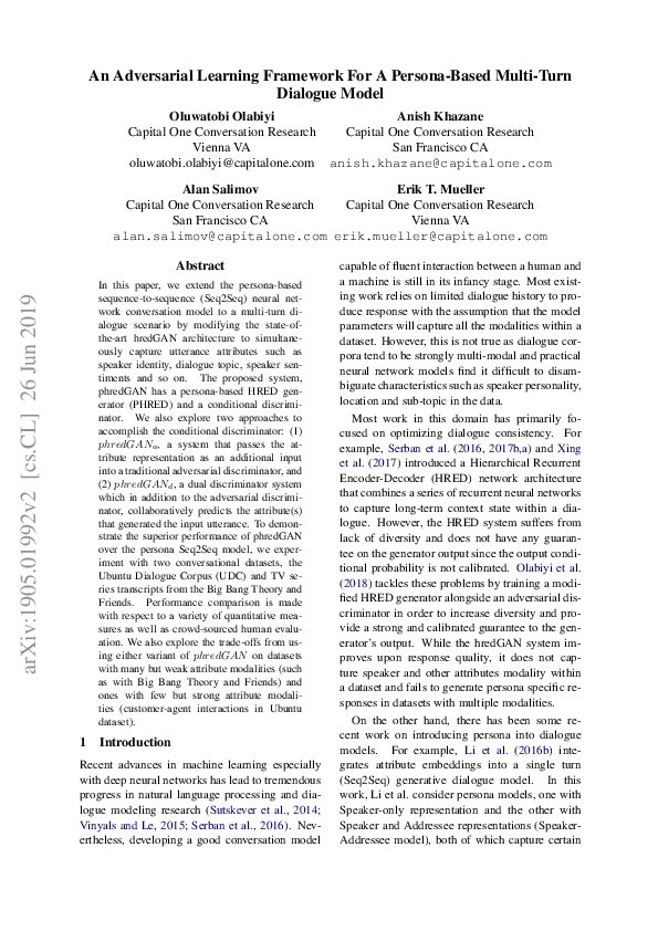 (PDF) An Adversarial Learning Framework For A Persona-Based Multi-Turn Dialogue Model