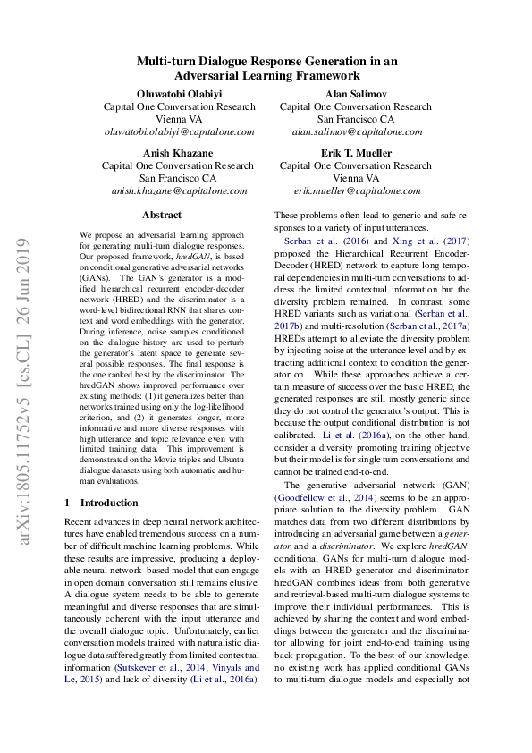 Pdf Multi Turn Dialogue Response Generation In An Adversarial Learning Framework